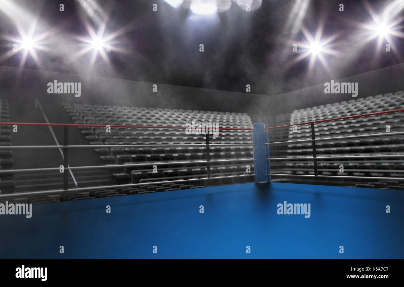 Empty boxing ring in arena, spot lights, smoke and dark night scene ...