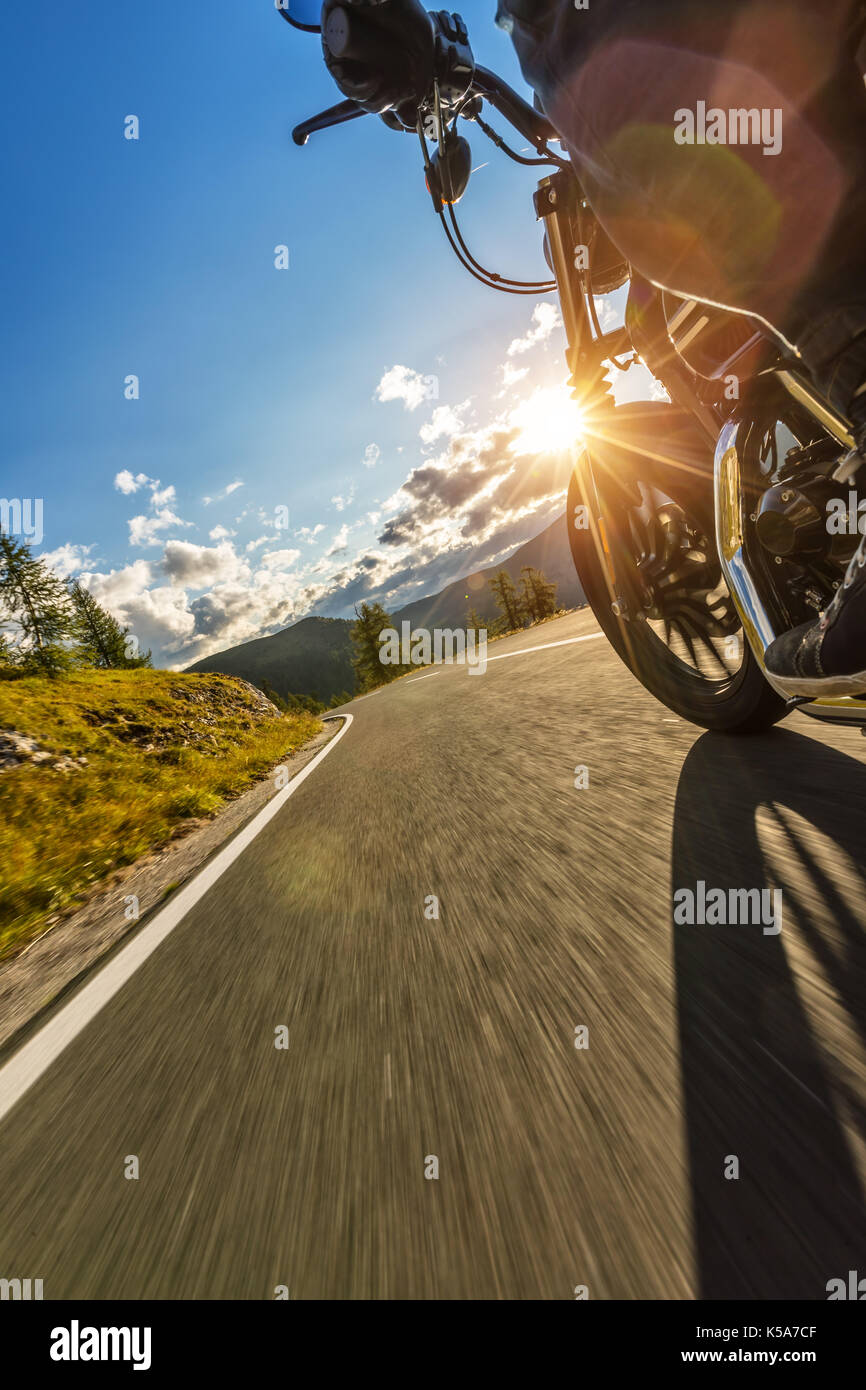 Detail of motorcycle front wheel. View from co-driver perspective ...