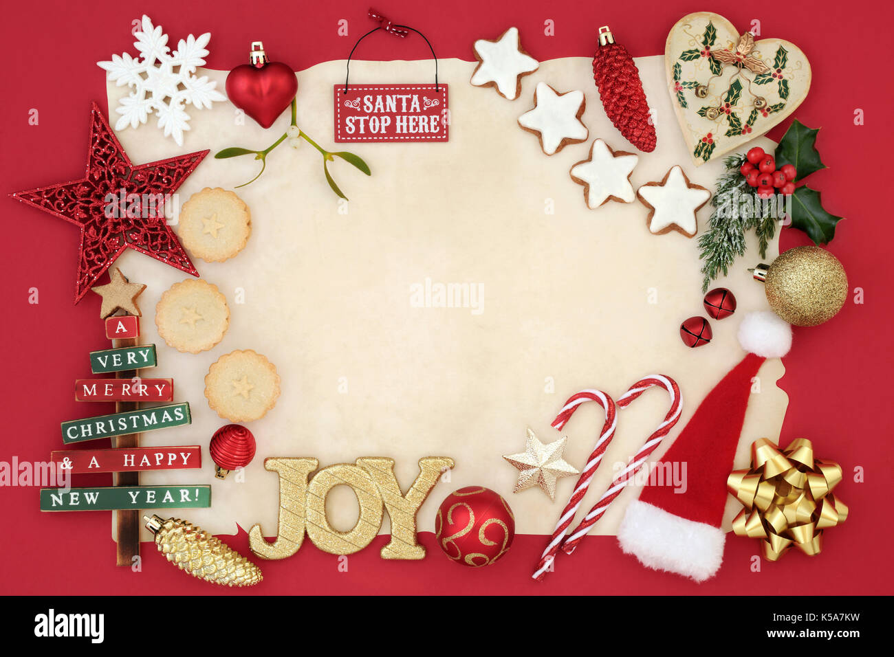 Christmas background border with bauble decorations, signs, mince pies ...
