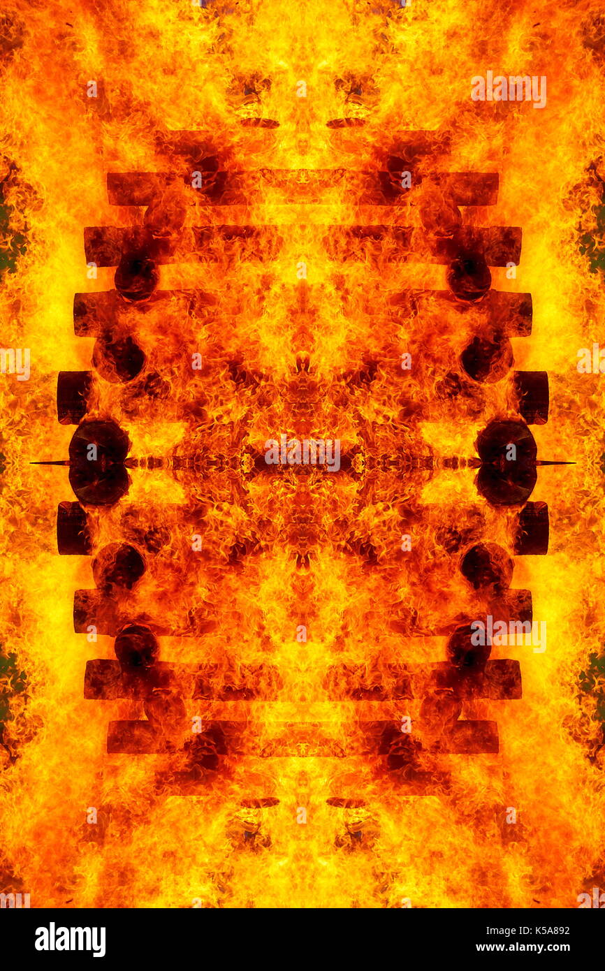 abstract graphic collage with detail of burning bonfire and logs Stock ...