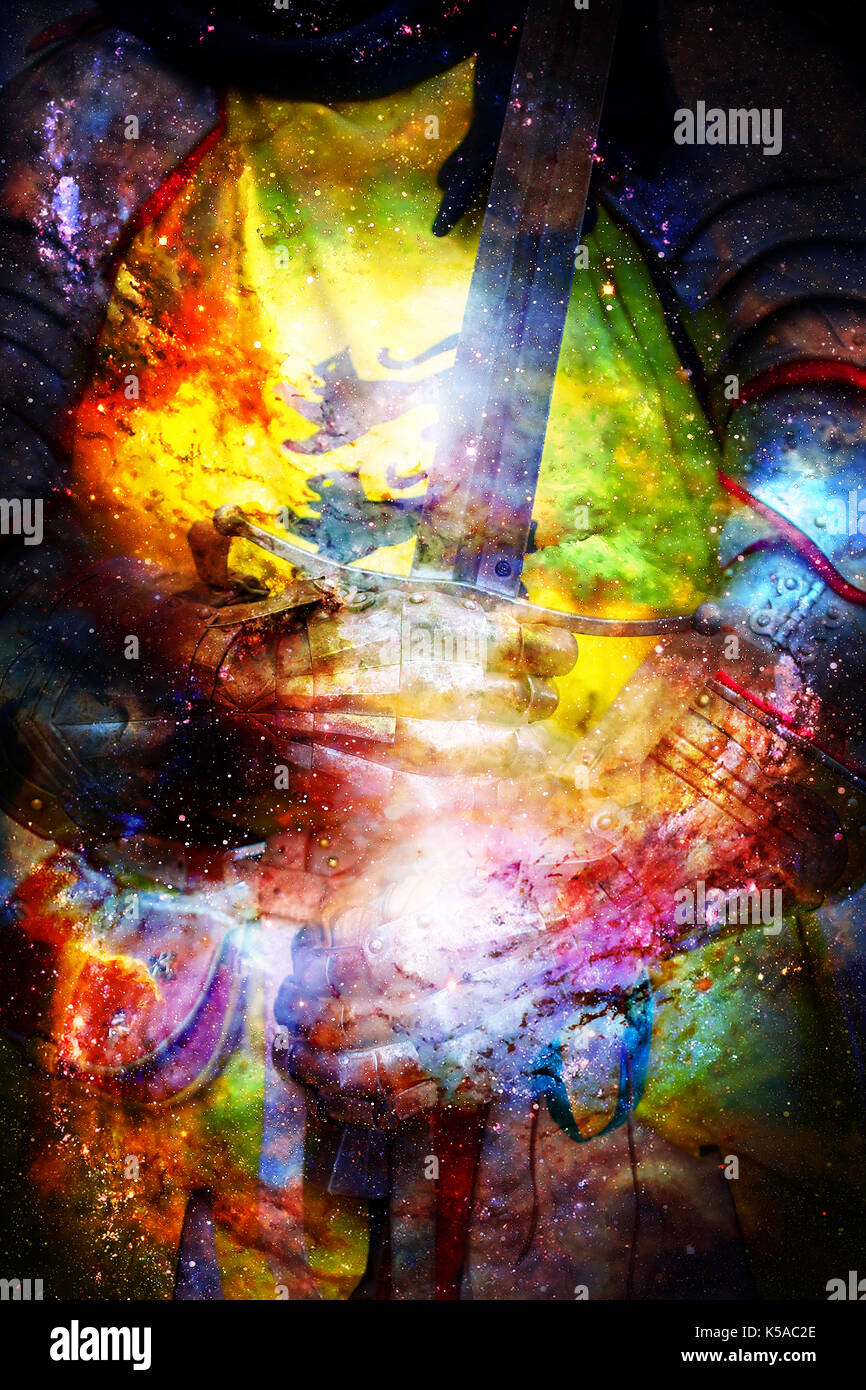 Detail knight armor. Gloves and sword of a knight. Cosmic background ...