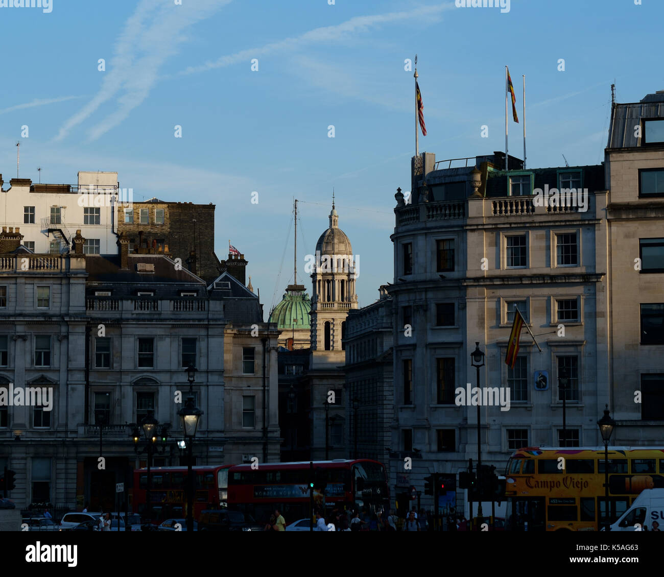 View from Trafalgar Square of London buildings in background with ...