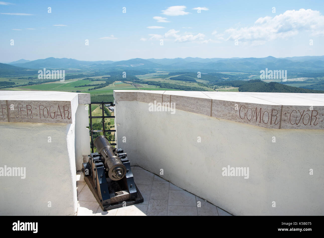 View of the landscape from Castle Fuzer with cannon in Hungary Stock ...