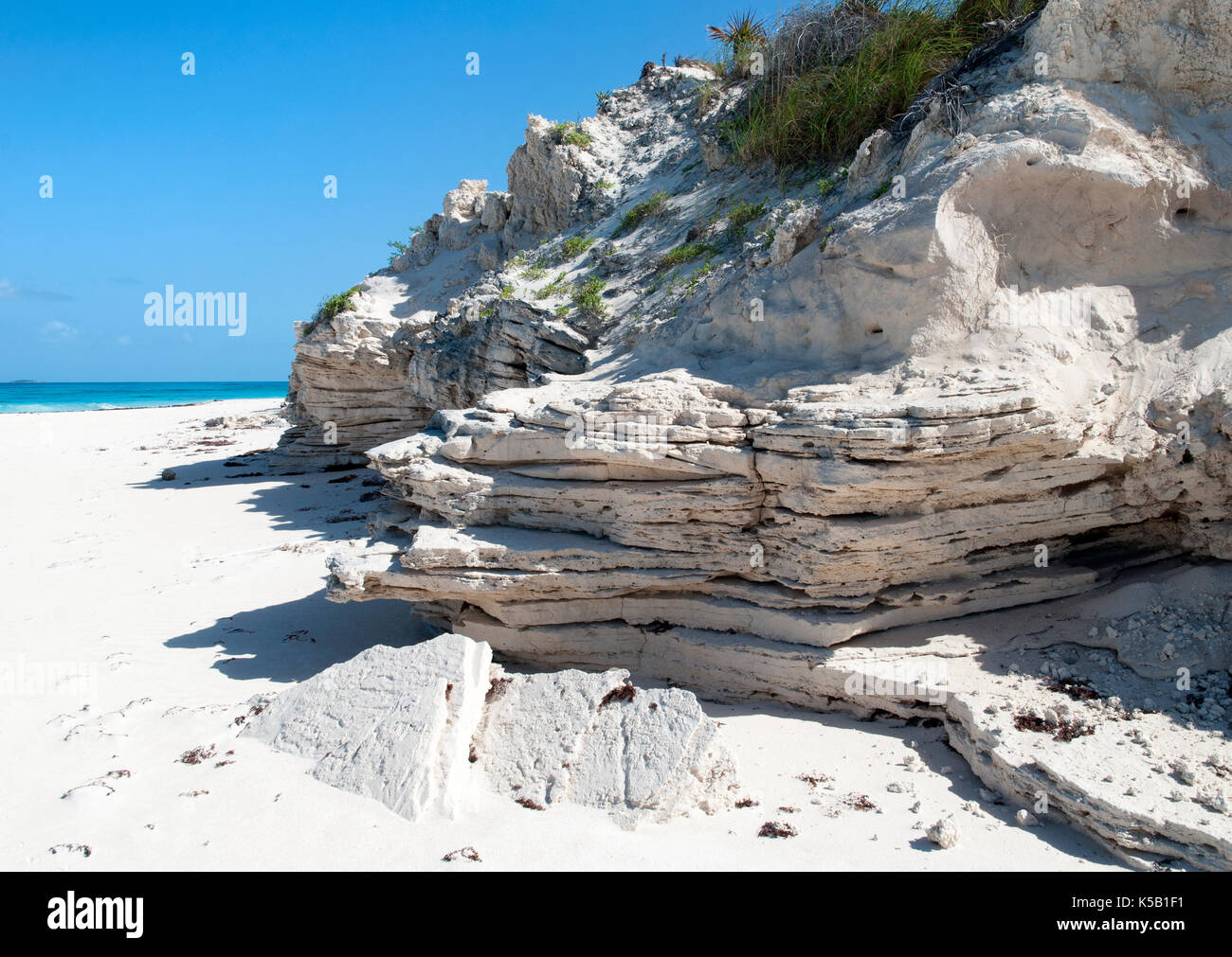 The eroded rocks on a beach of uninhabited island Half Moon Cay ...