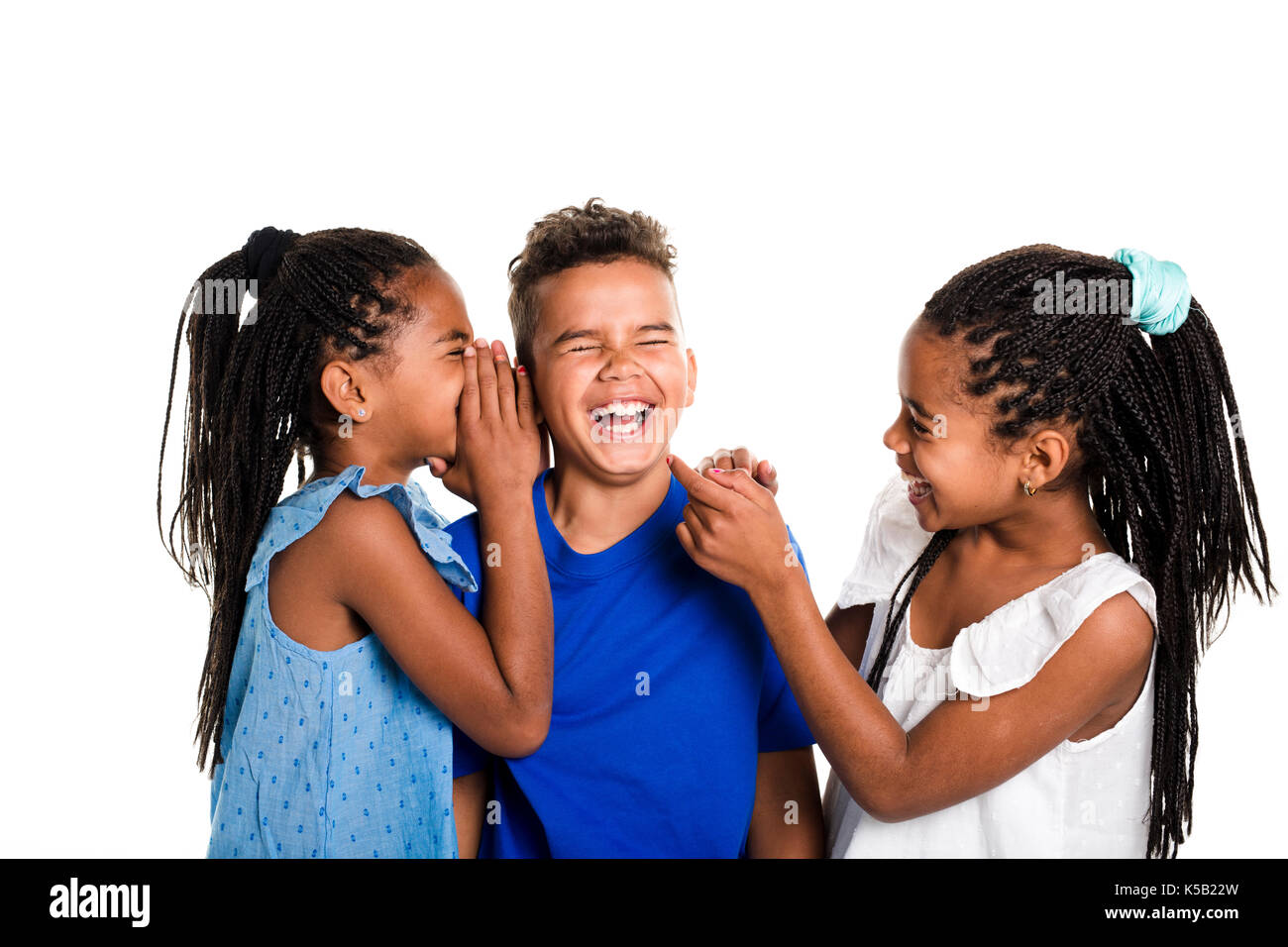 portrait of happy three black childrens, white background Stock Photo ...