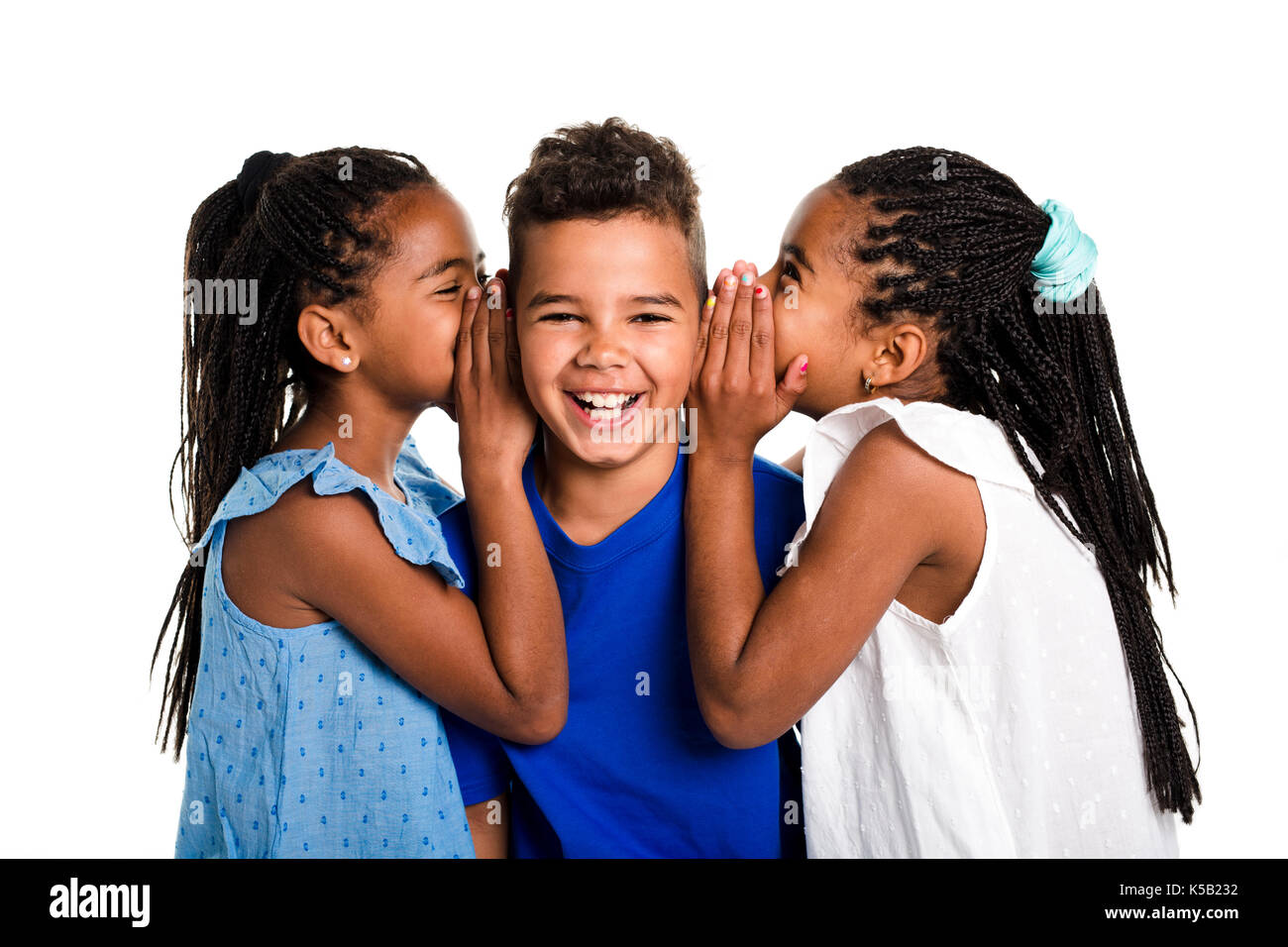 portrait of happy three black childrens, white background Stock Photo ...