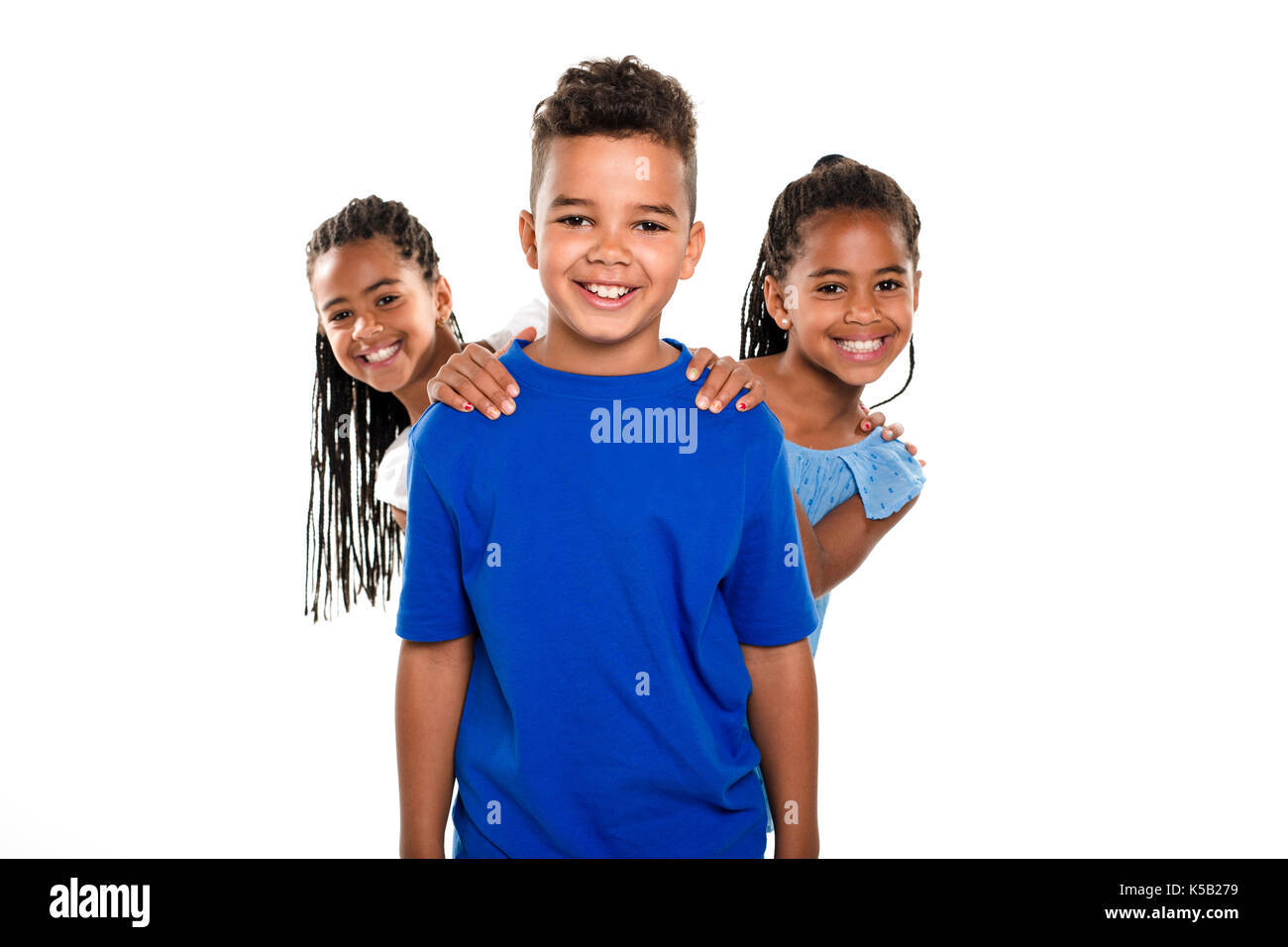 portrait of happy three black childrens, white background Stock Photo ...