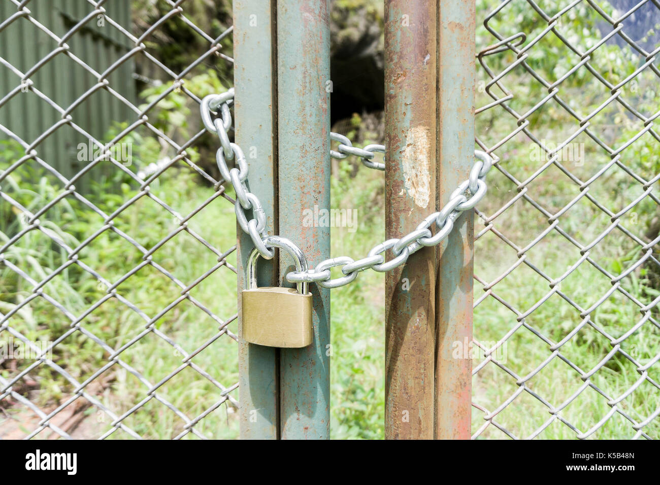 closed padlock on the door of a metal gate Stock Photo - Alamy