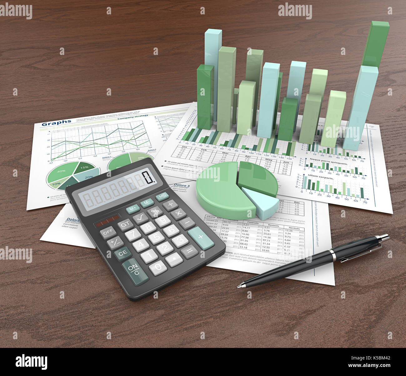 3d Illustration of Financial documents, 3D graphs and pie charts on ...