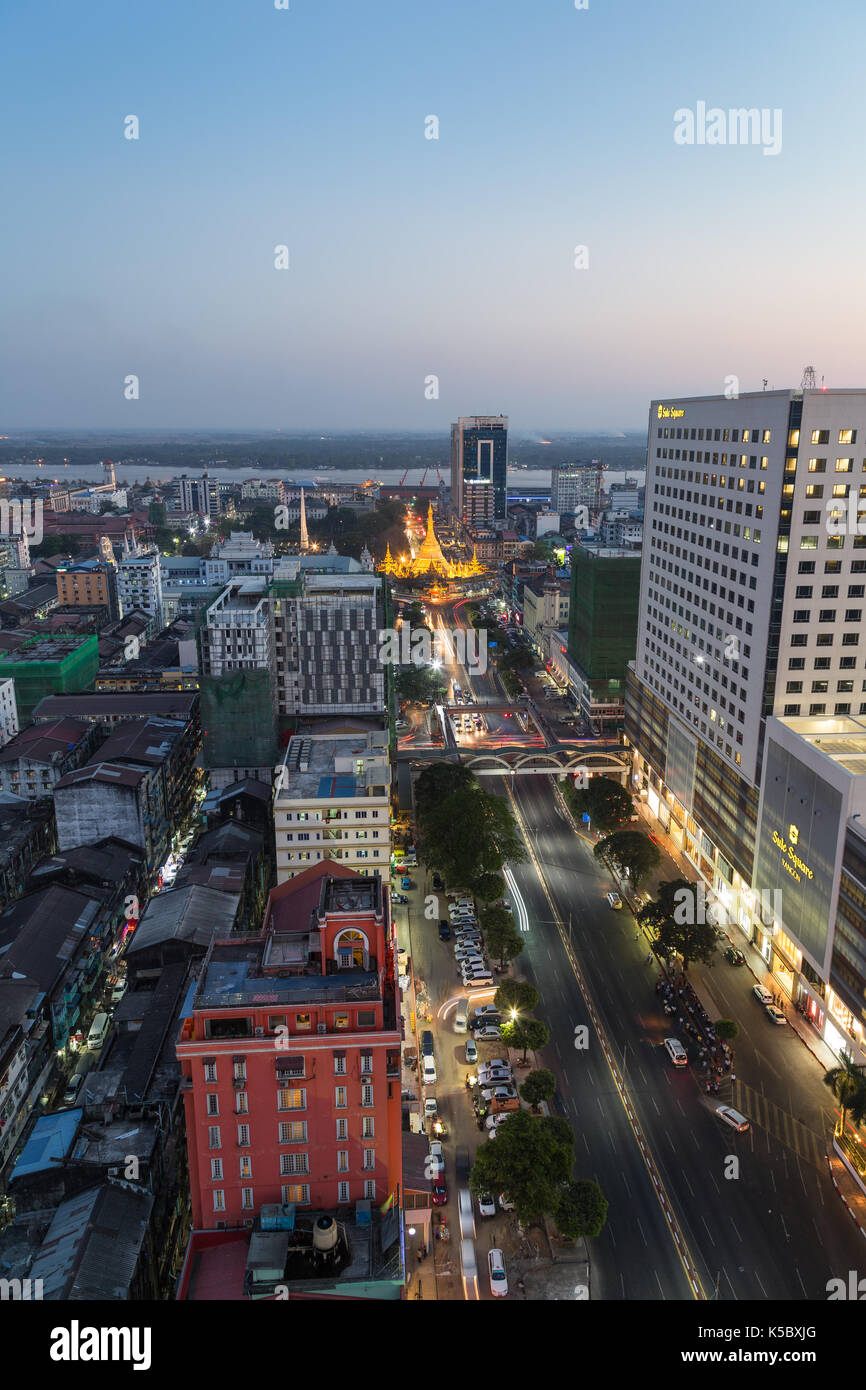 Downtown and lit Sule Pagoda in Yangon, Myanmar, viewed from above in ...