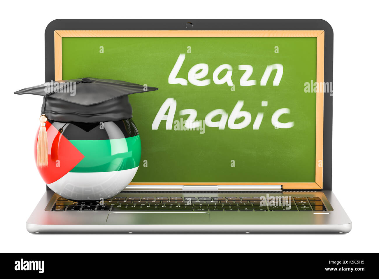 Learn Arabic concept with laptop blackboard, graduation cap and flag of ...