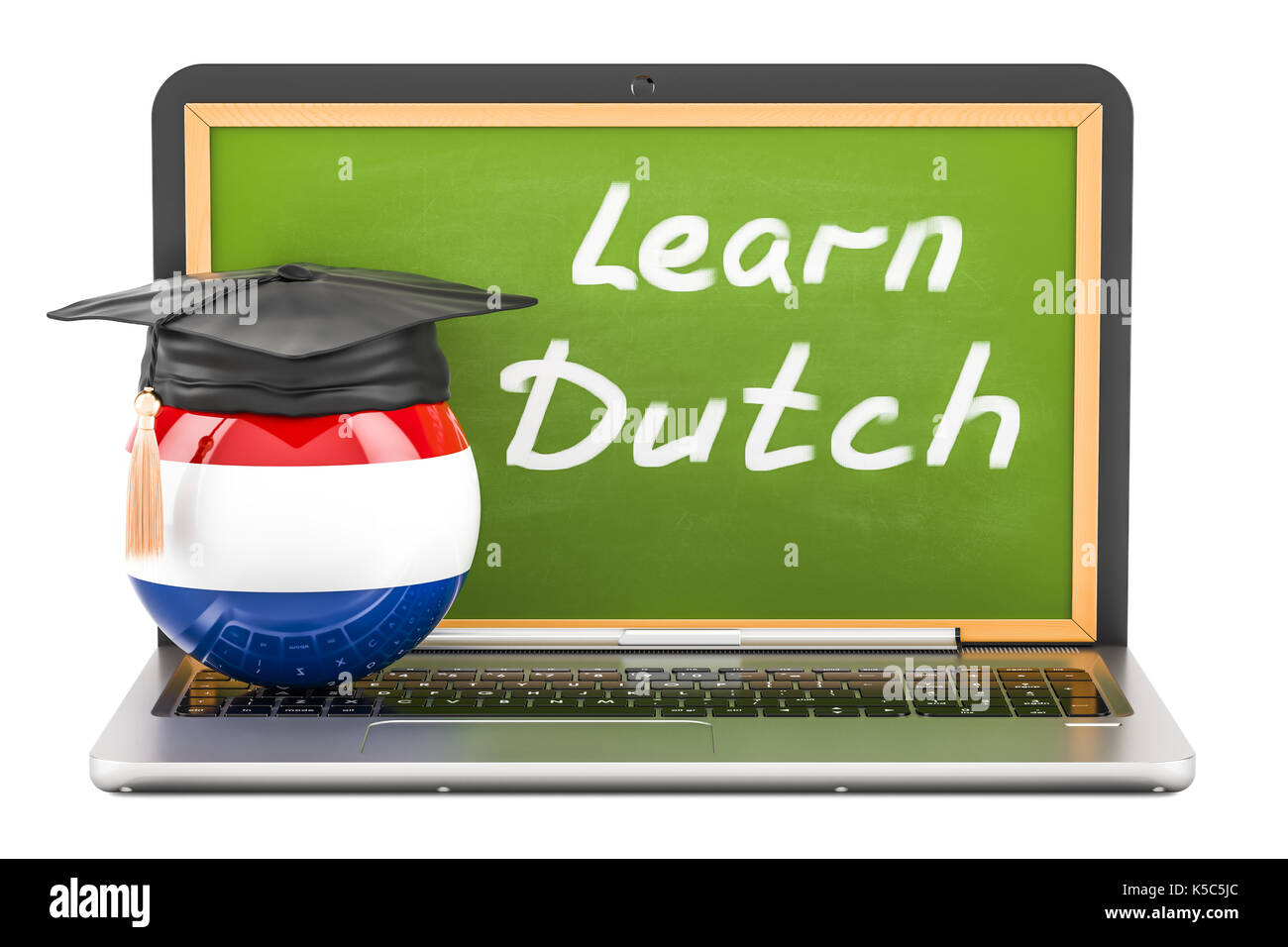 Learn Dutch concept with laptop blackboard, graduation cap and flag of ...