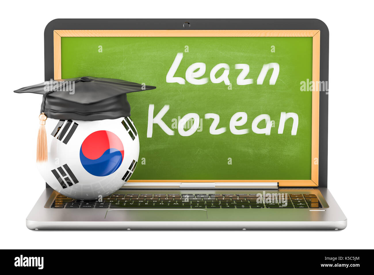 Learn Korean concept with laptop blackboard, graduation cap and flag of ...