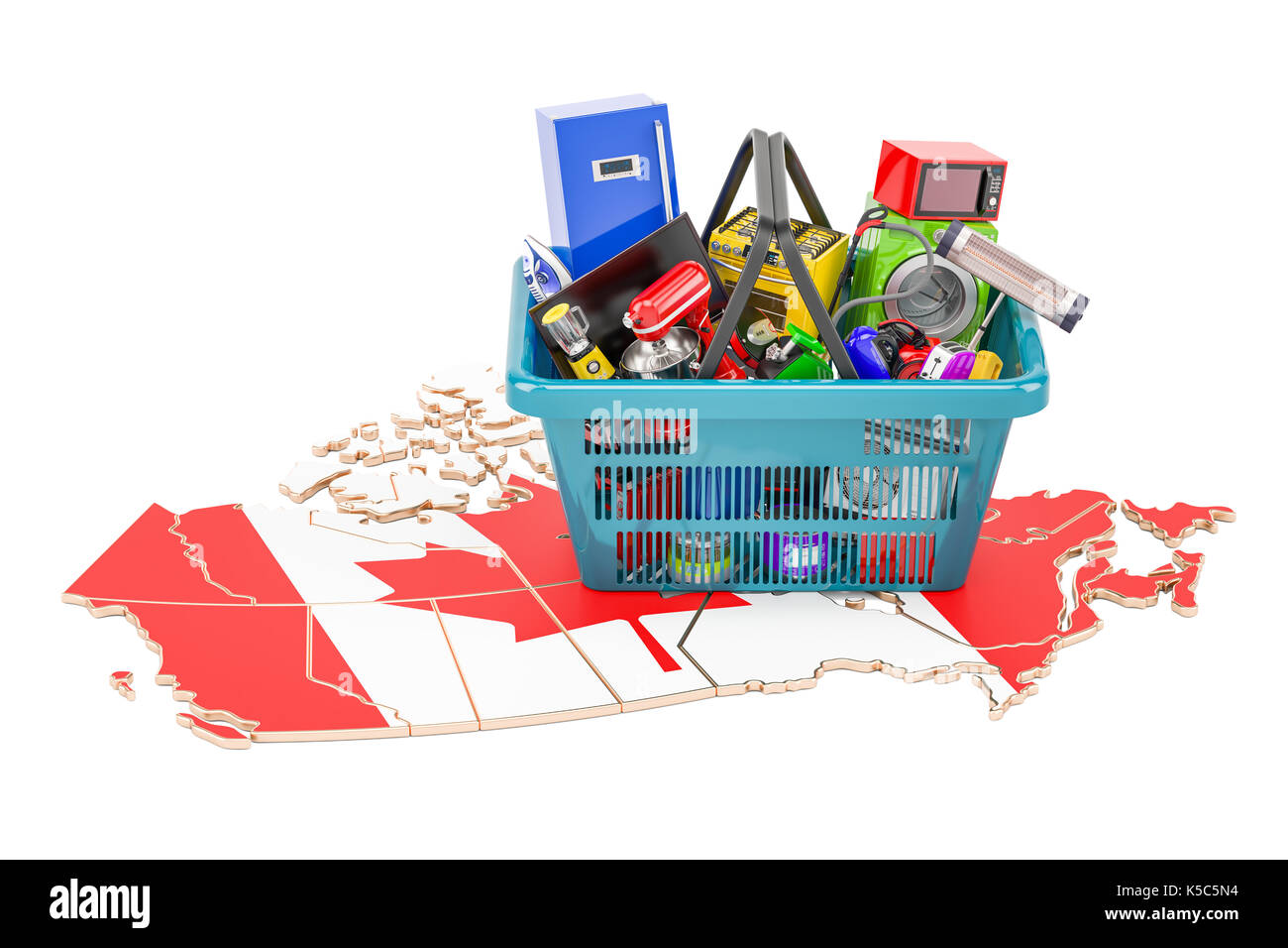 Map of Canada with shopping basket full of home and kitchen appliances ...