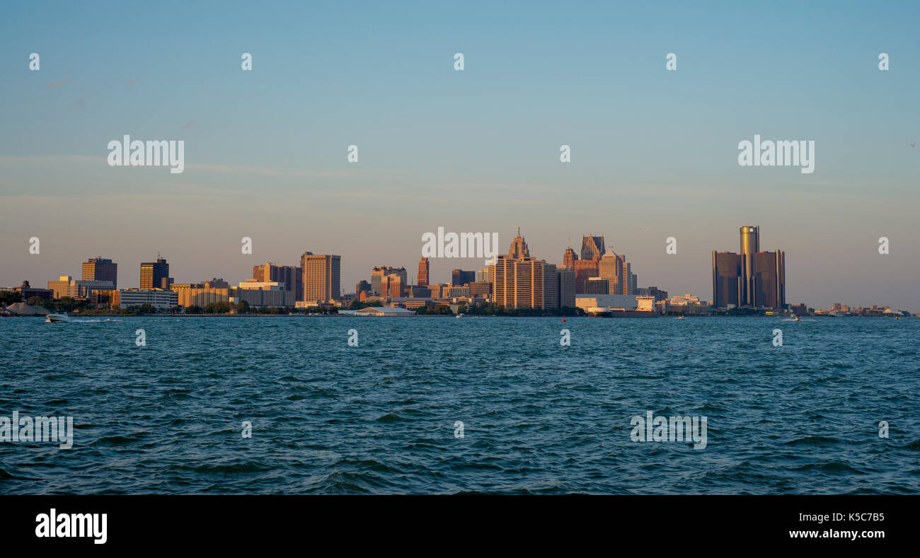 View of downtown Detroit skyline at sunset seen from Windsor, Ontario ...