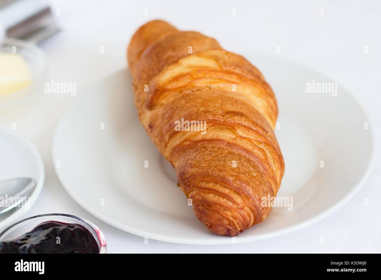 Beautiful crispy golden croissant on a plate with butter and blueberry ...