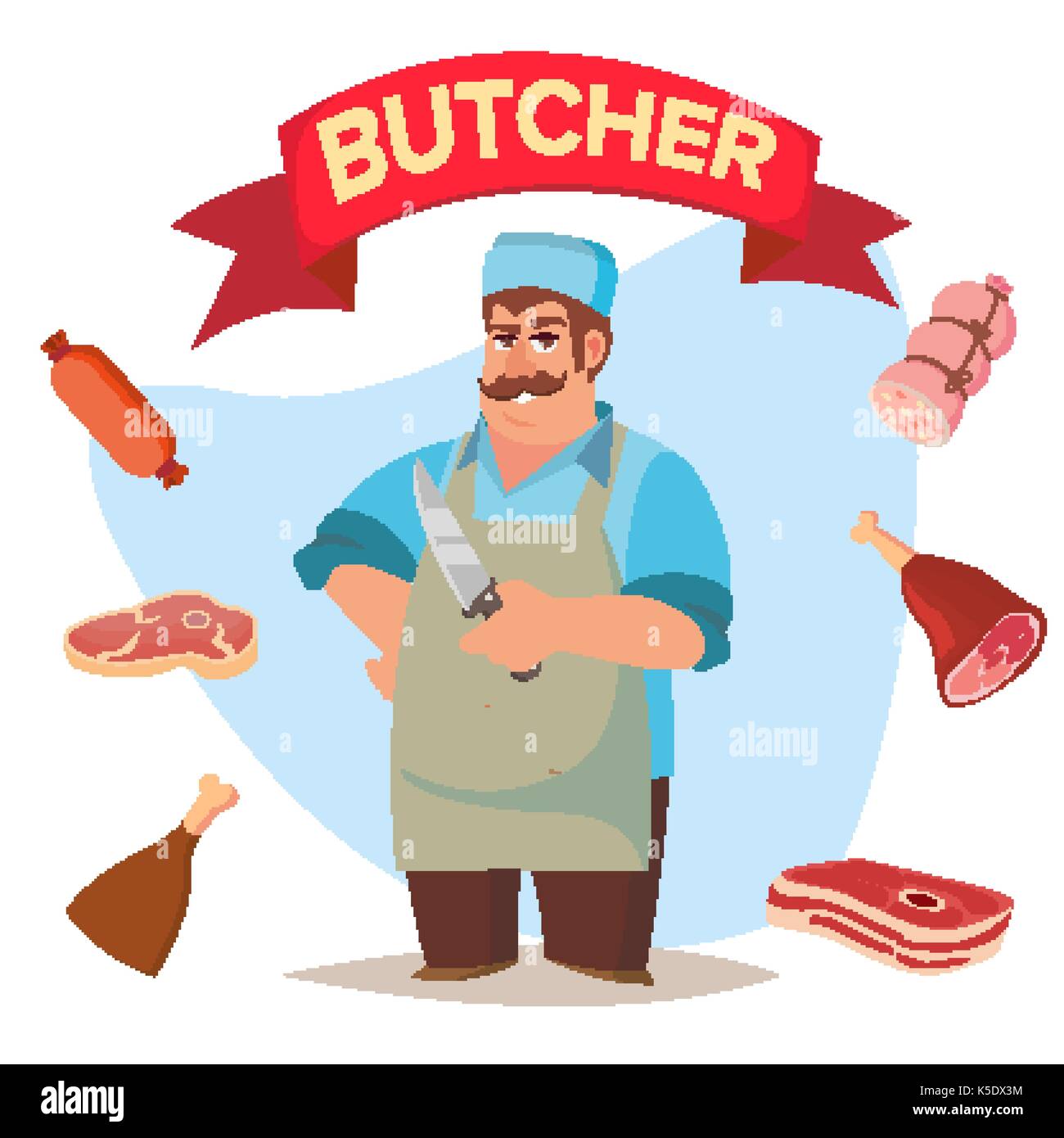 Professional Butcher Vector. Classic Butcher Man With Knife. Eco Farm ...