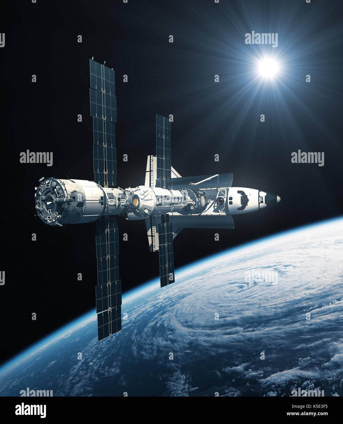 Space Shuttle And International Space Station Orbiting Planet Earth. 3D ...