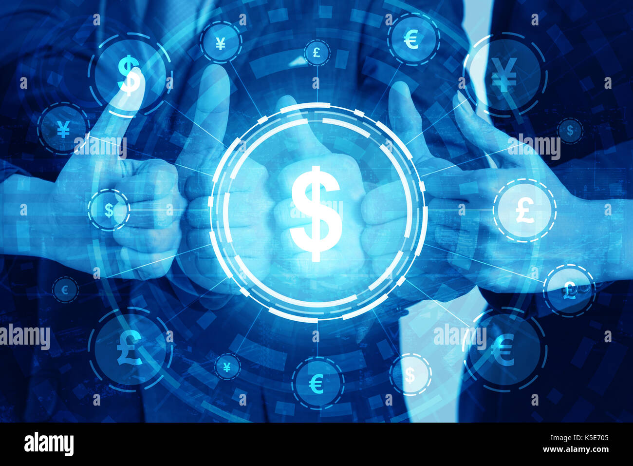 double exposure business teamwork show hands with thumb up and money ...