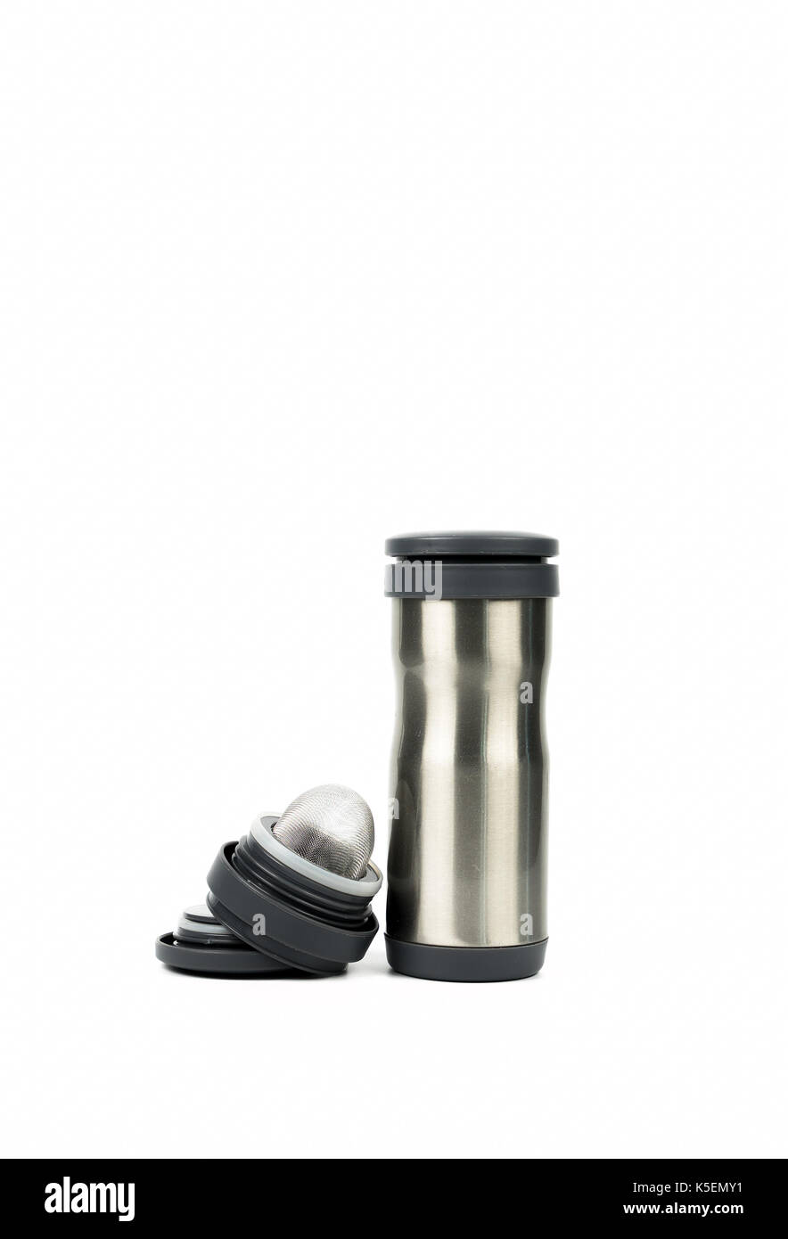 Silver thermos bottle with opened cap isolated on white background with ...
