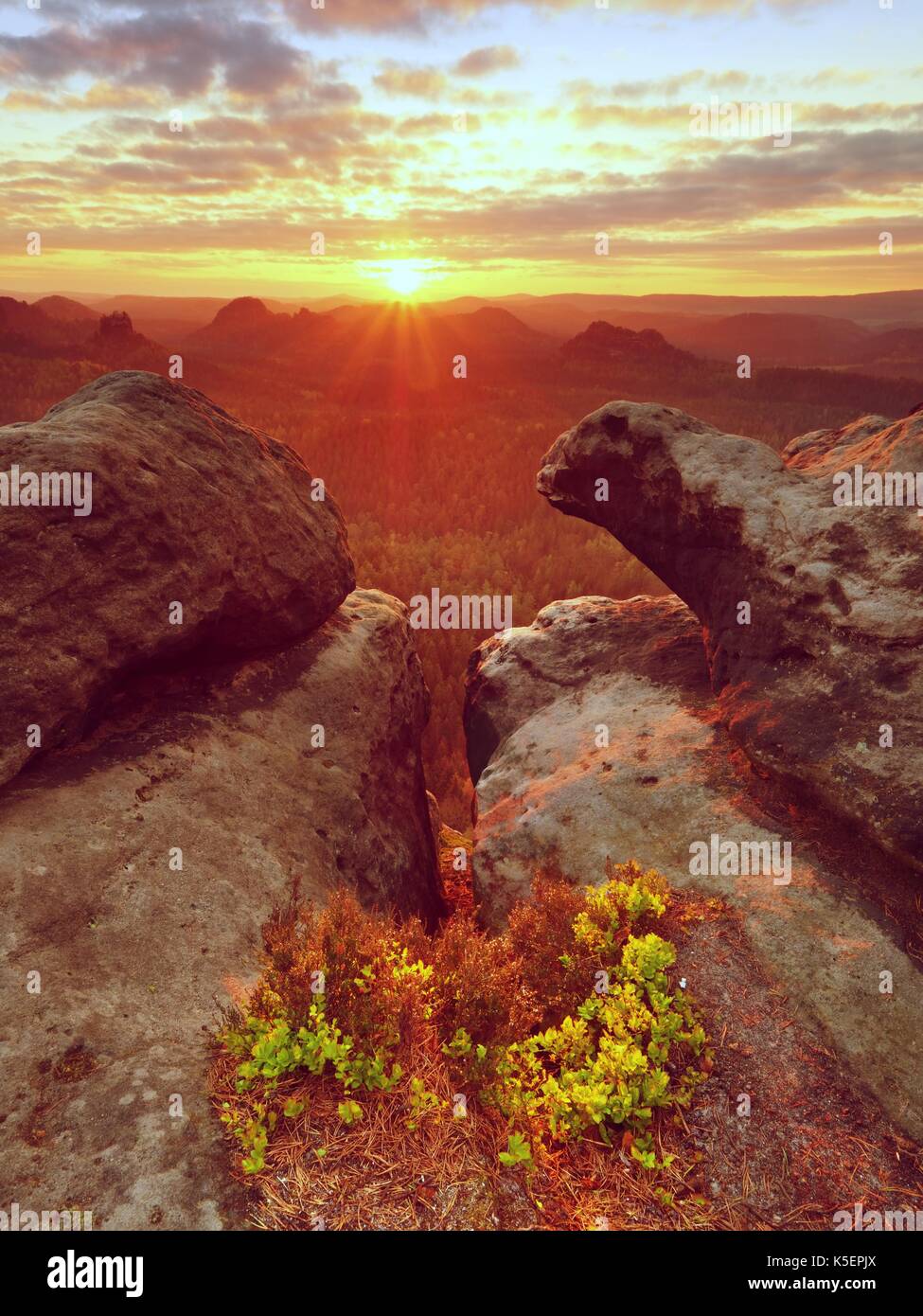 Morning view over crack sandstone edge into forest valley, daybreak Sun ...