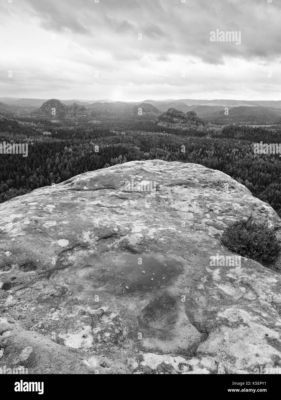 Morning view over cracked sandstone cliff into forest valley, Sun ...
