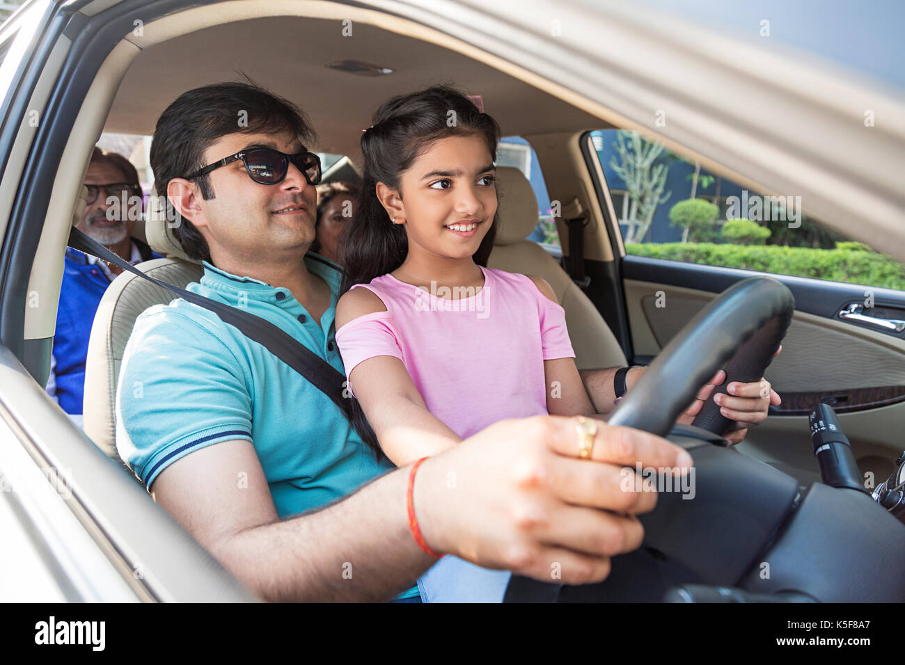 Father and Little Daughter sitting Car Driving Happy Journey Stock ...