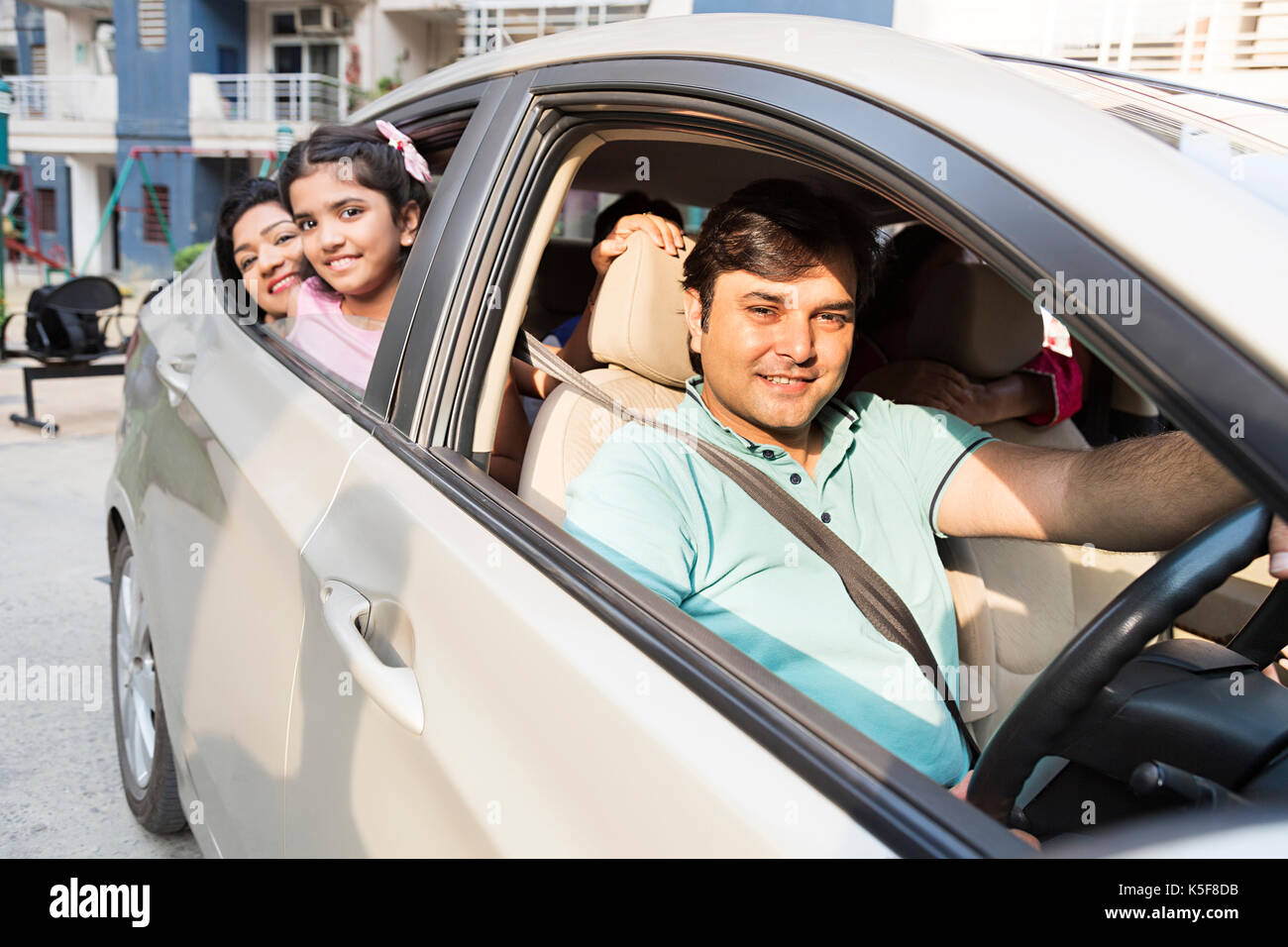Parents and Little Daughter sitting Car Driving Happy Journey Stock ...