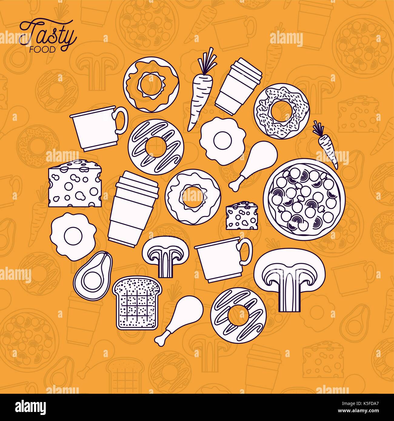 tasty food poster in orange background with tasty foods in white color ...