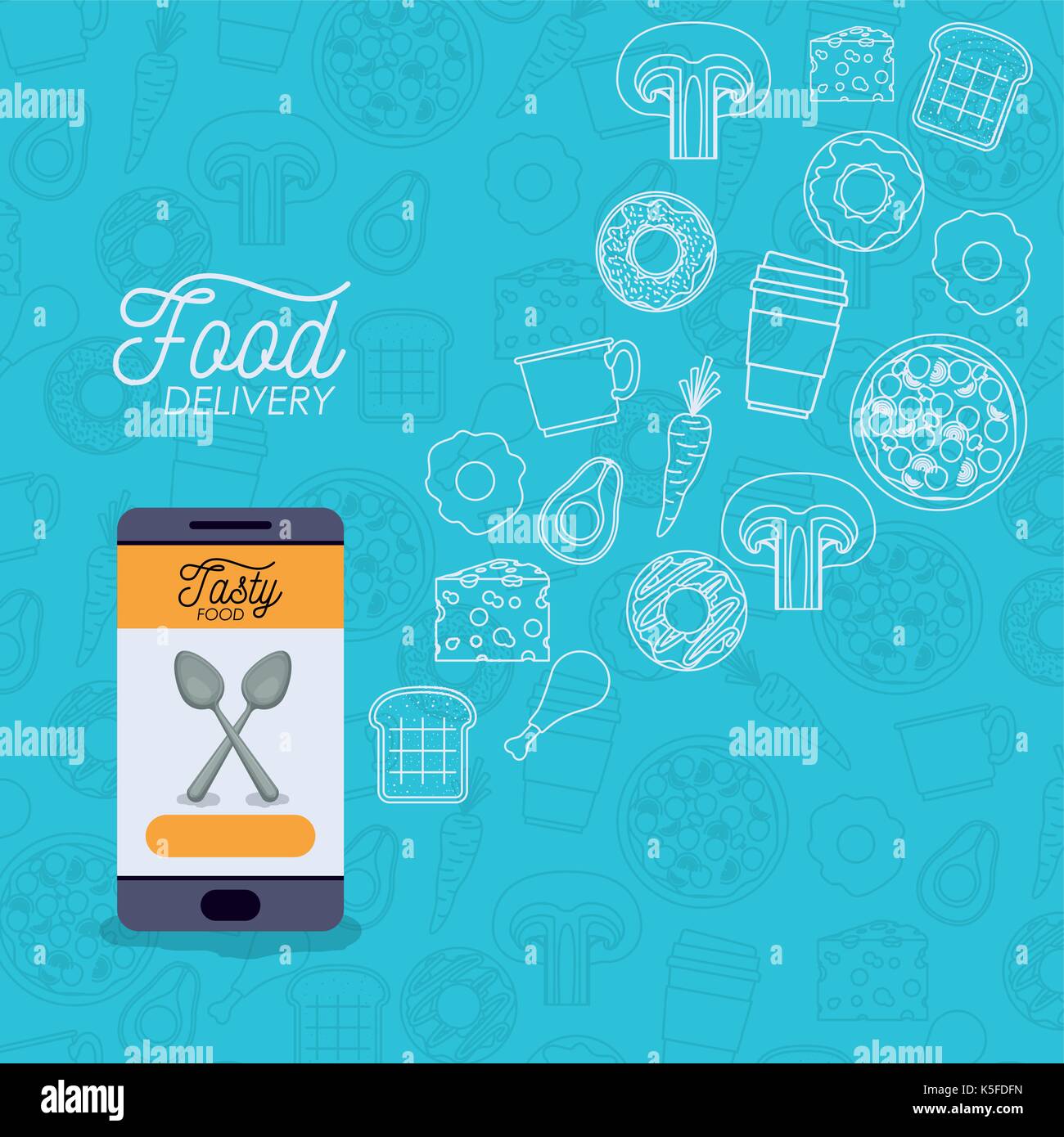 food delivery poster with foods and smartphone app with cutlery Stock ...