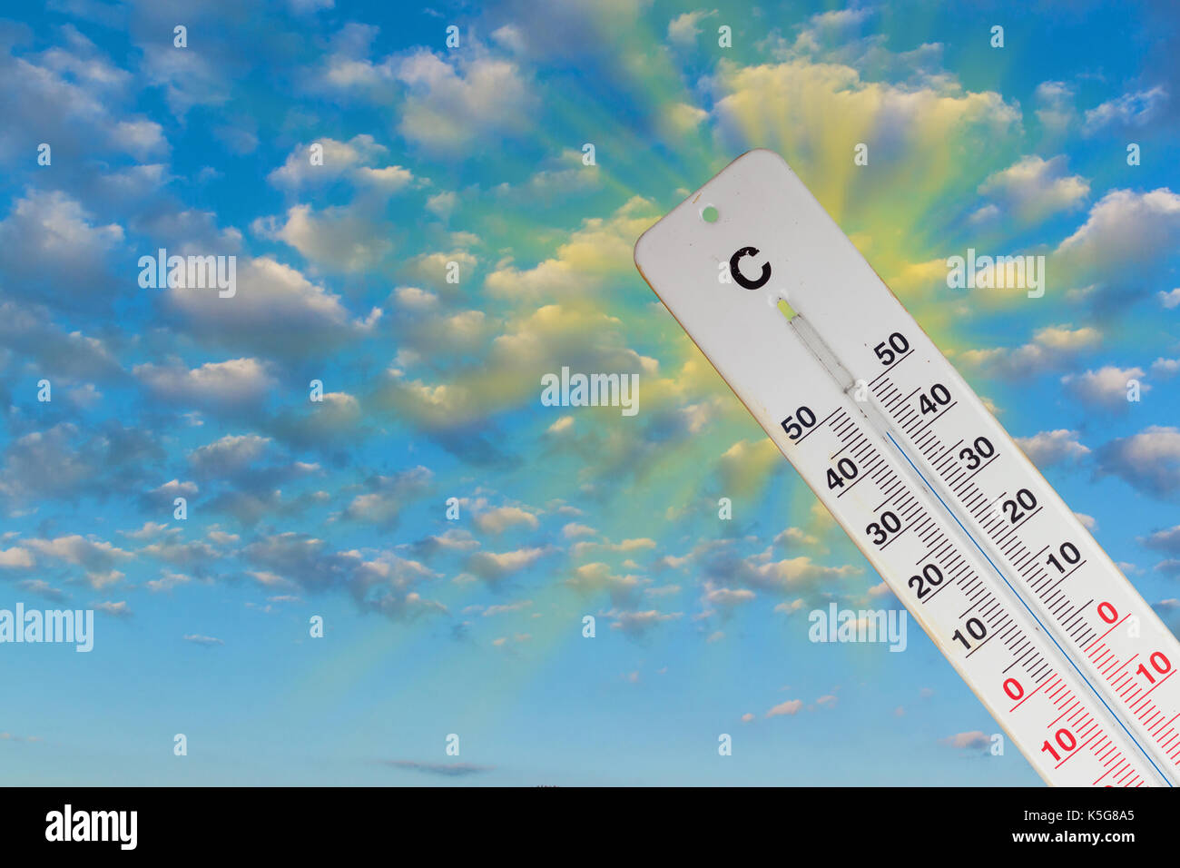 Thermometer Sun Sky 44 Degrees. Hot summer day. High temperatures in ...