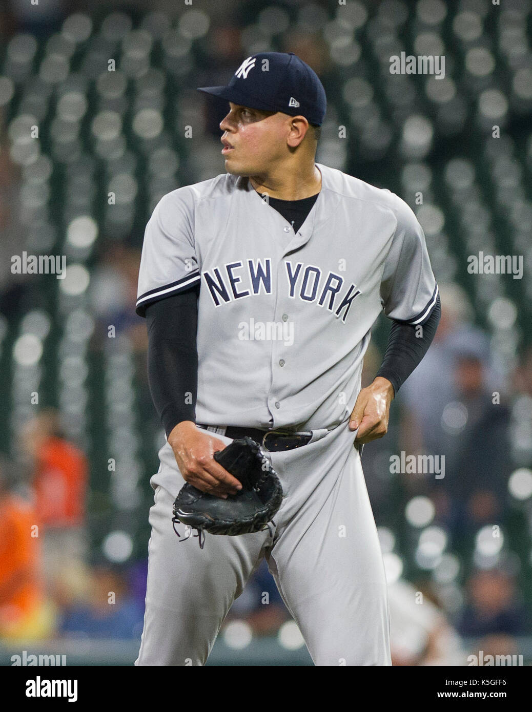 New York Yankees relief pitcher Dellin Betances (68) looks to left ...