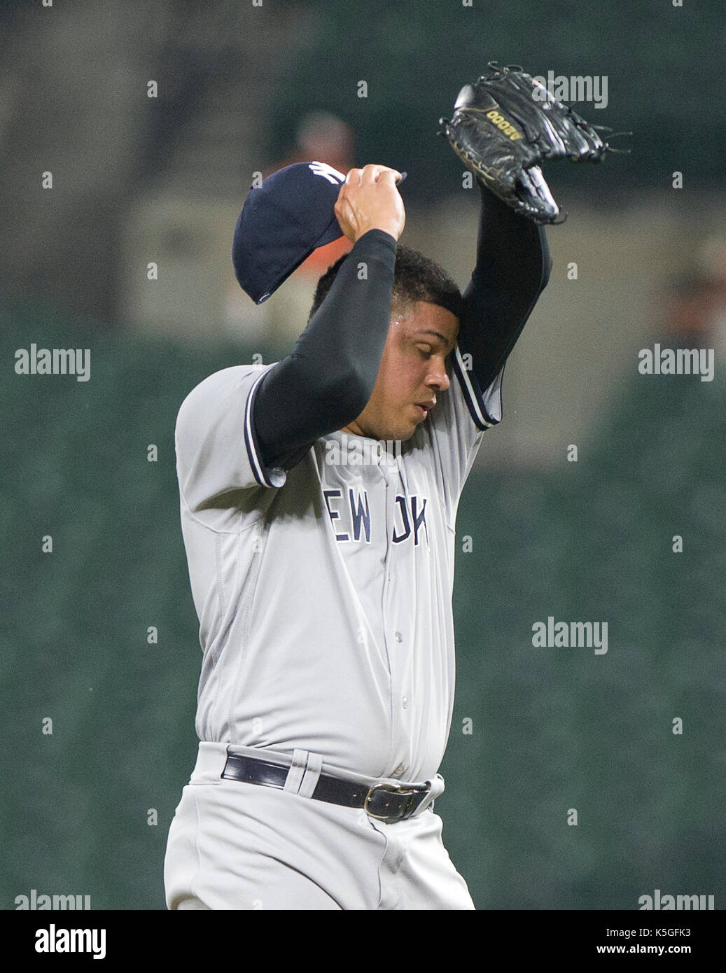 New York Yankees relief pitcher Dellin Betances (68) wipes away ...