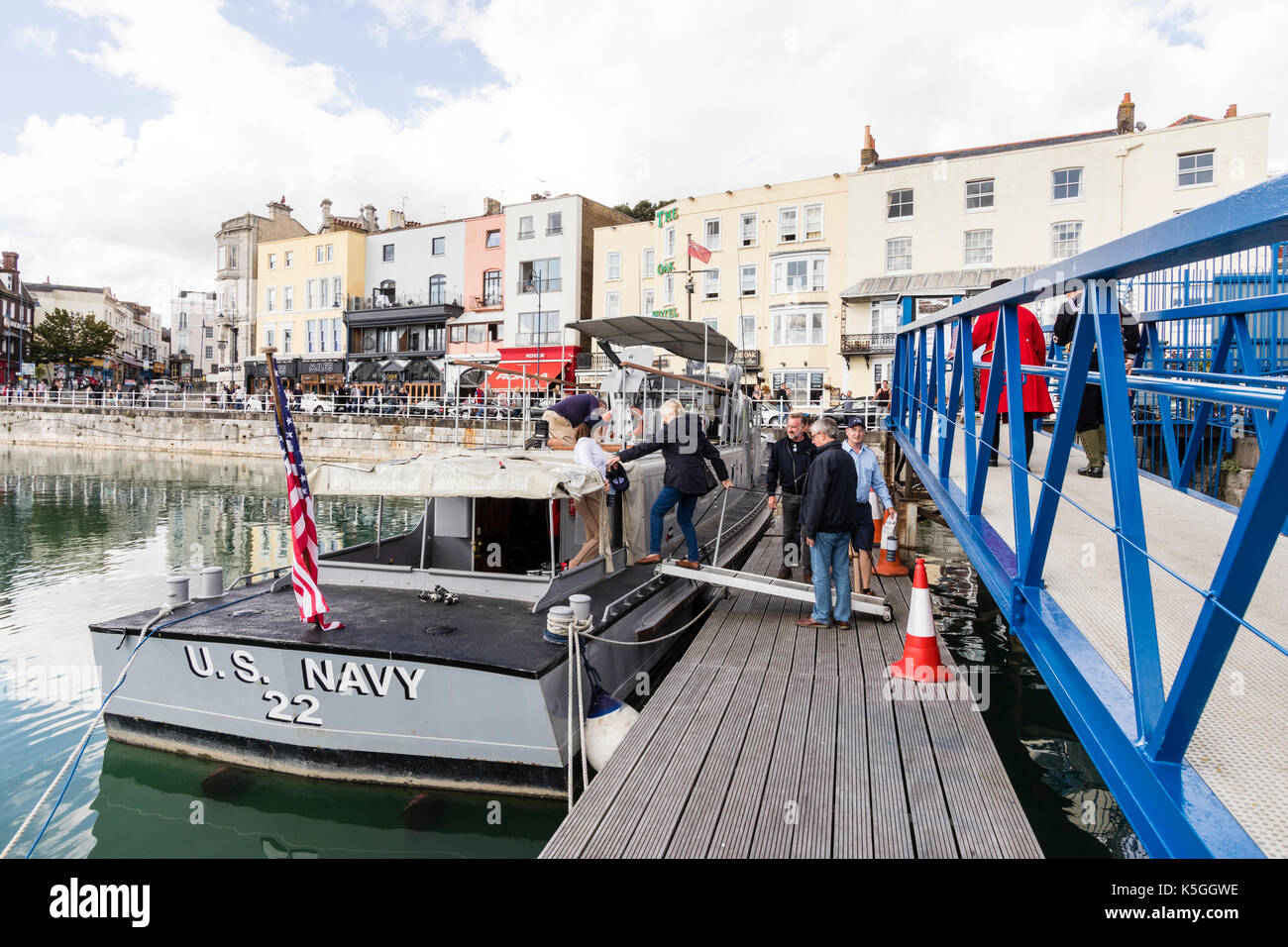 P22, restored US Navy patrol boat, moored at Ramsgate harbour. Stern ...