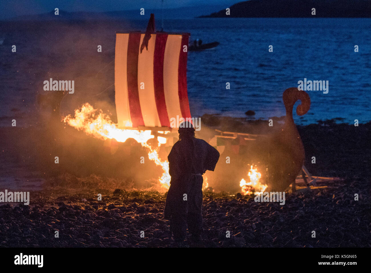 The burning of a Viking longboat or longship in Largs, Scotland, UK ...