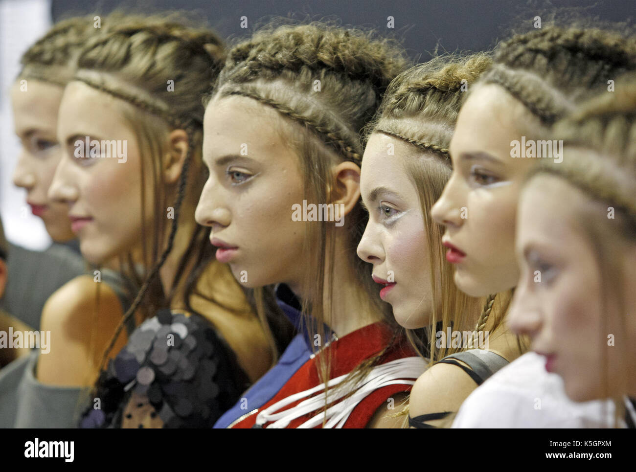 Kiev, Ukraine. 9th Sep, 2017. Models pose for a photo backstage, during ...