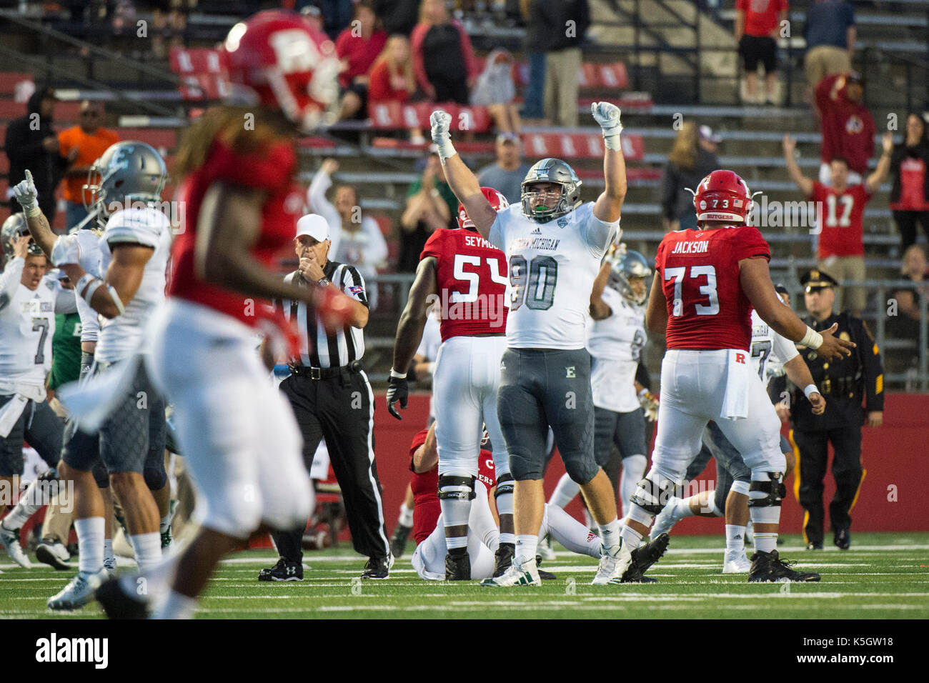 Piscataway, NJ, USA. 09th Sep, 2017. Eastern Michigan Eagles defensive ...