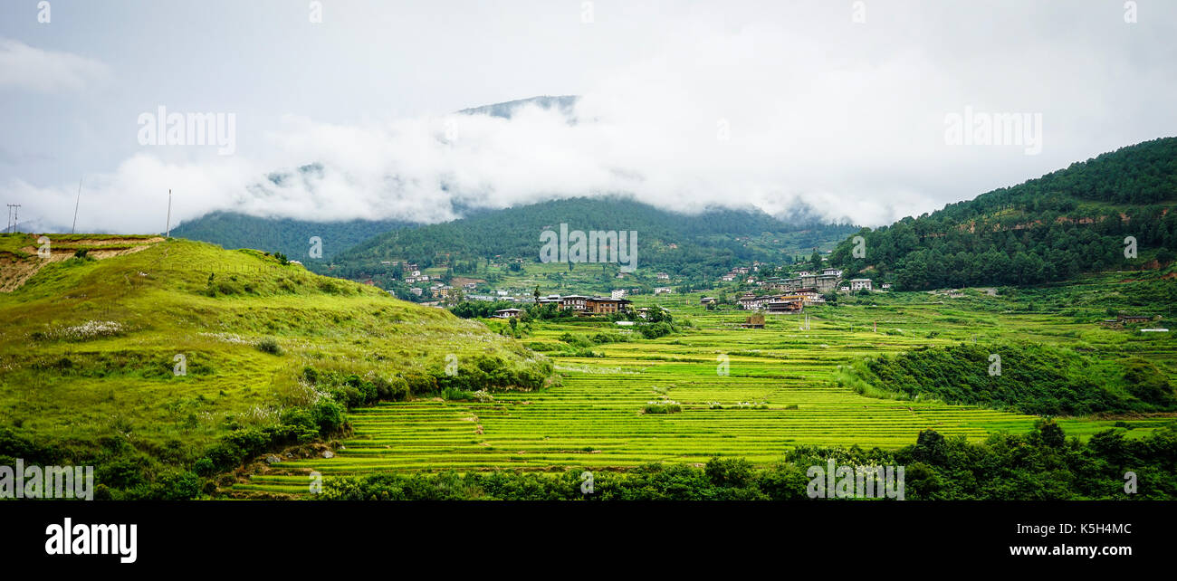 A Tibetan village with rice field in Bhutan. Bhutan is geopolitically ...