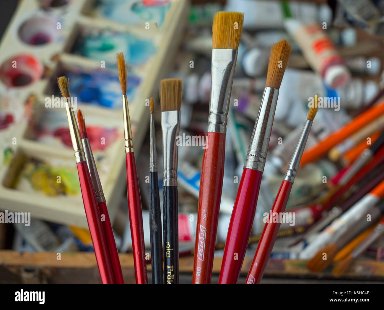 water colour paints and art materials Stock Photo - Alamy