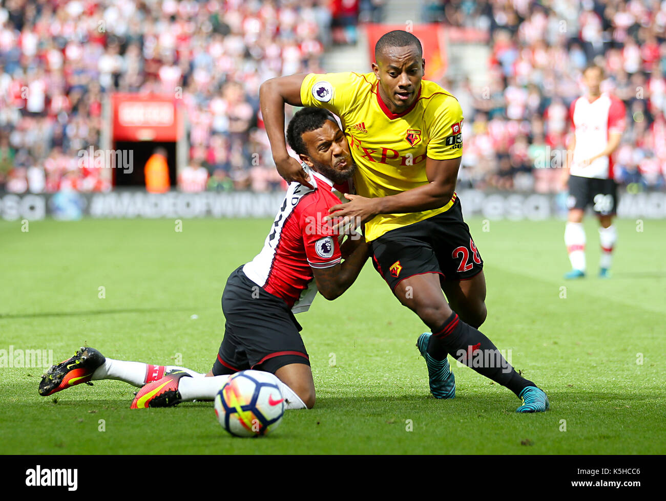Watford's Andre Carrillo (right) and Southampton's Cedric Soares battle ...