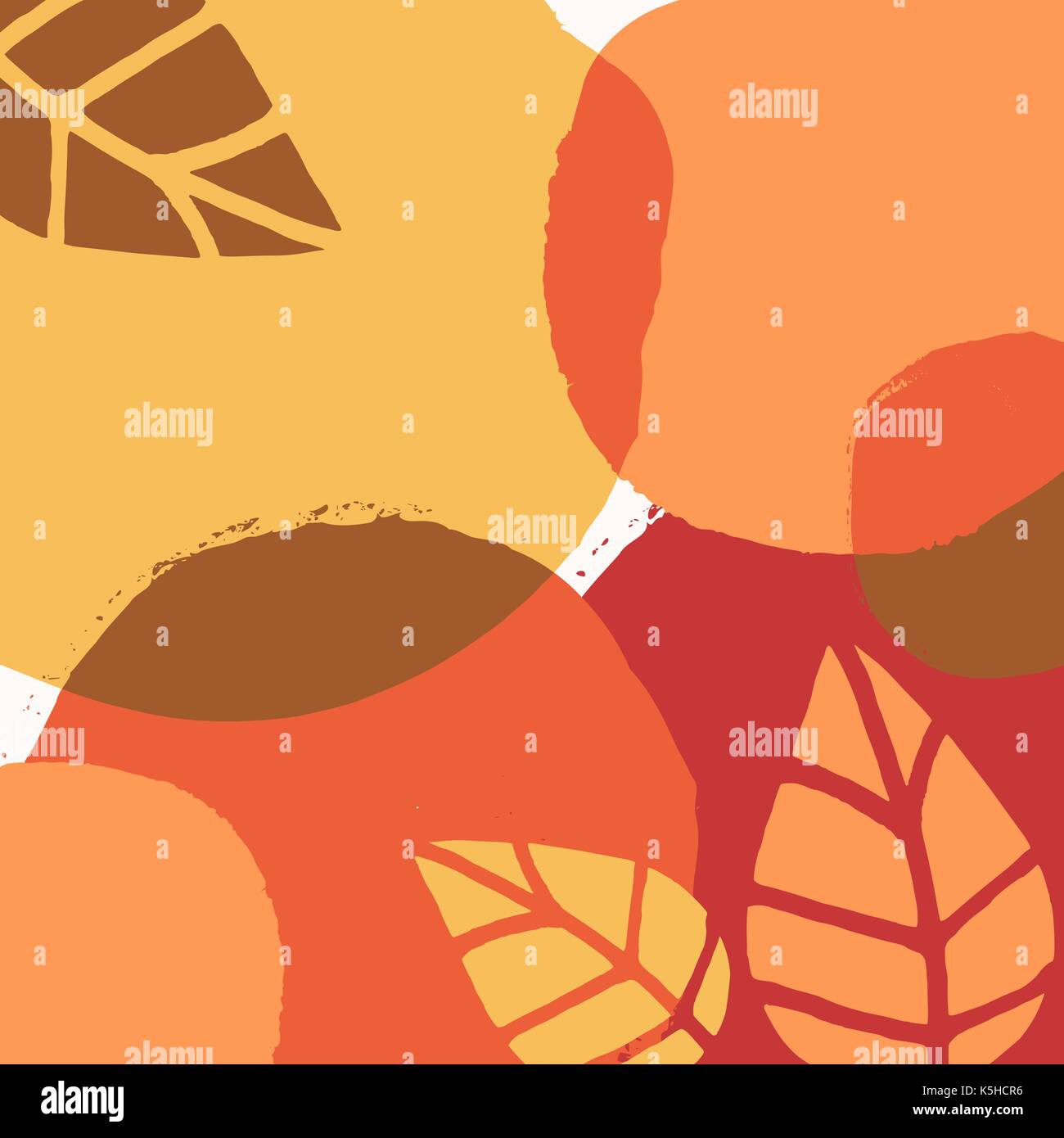 Abstract autumn design with round brush strokes and leaves in yellow ...