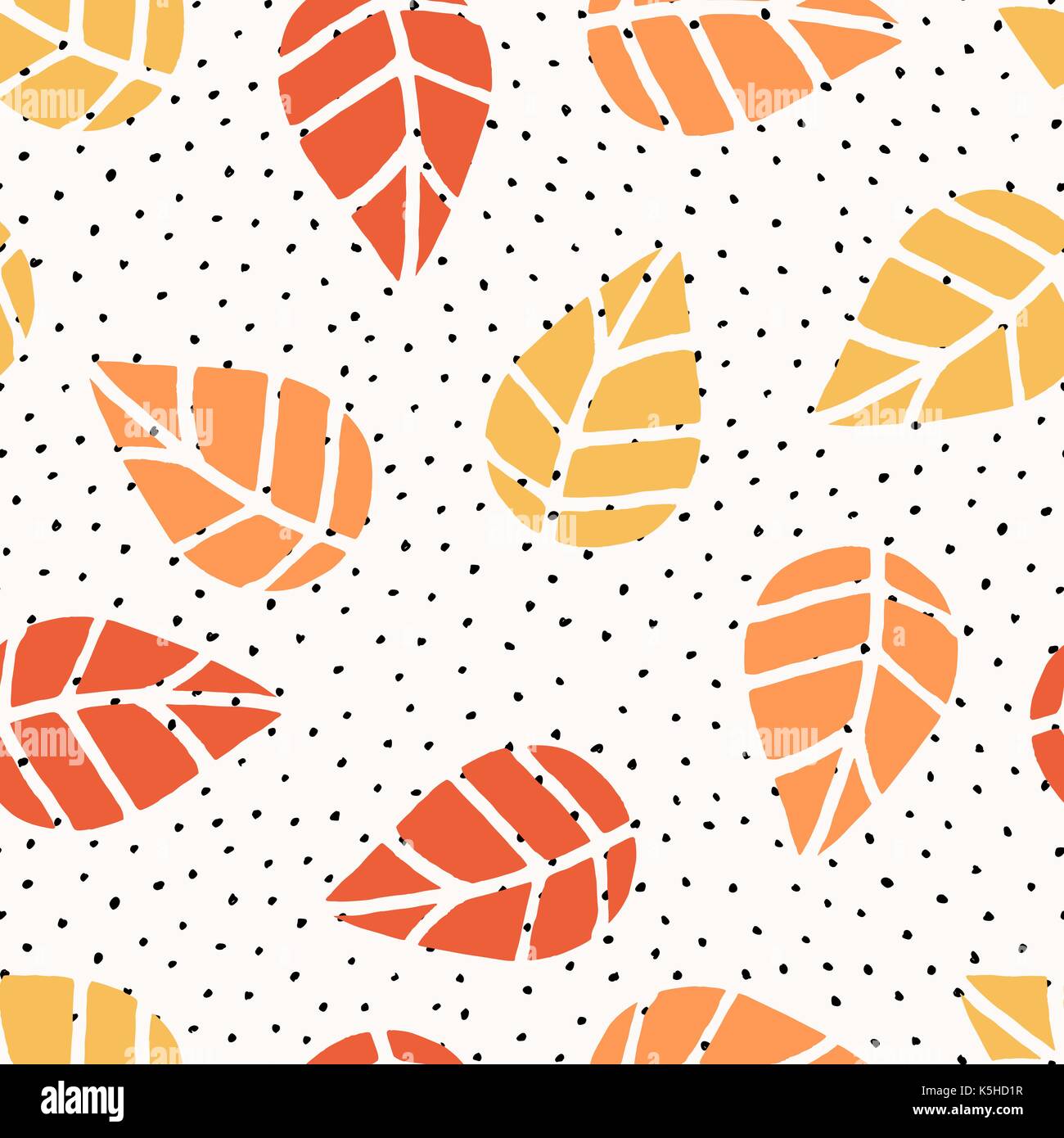 Seamless repeat pattern with leaves and dots in red, orange and yellow ...