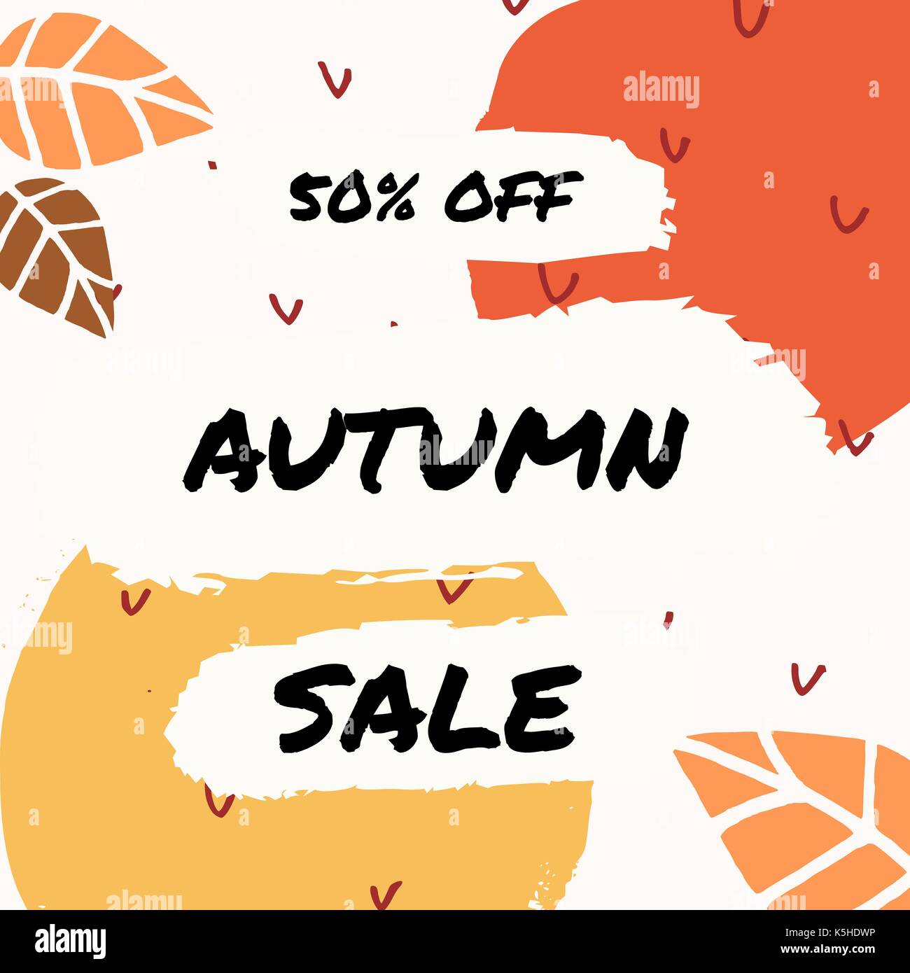 Abstract autumn design with colorful brush strokes and leaves in yellow ...