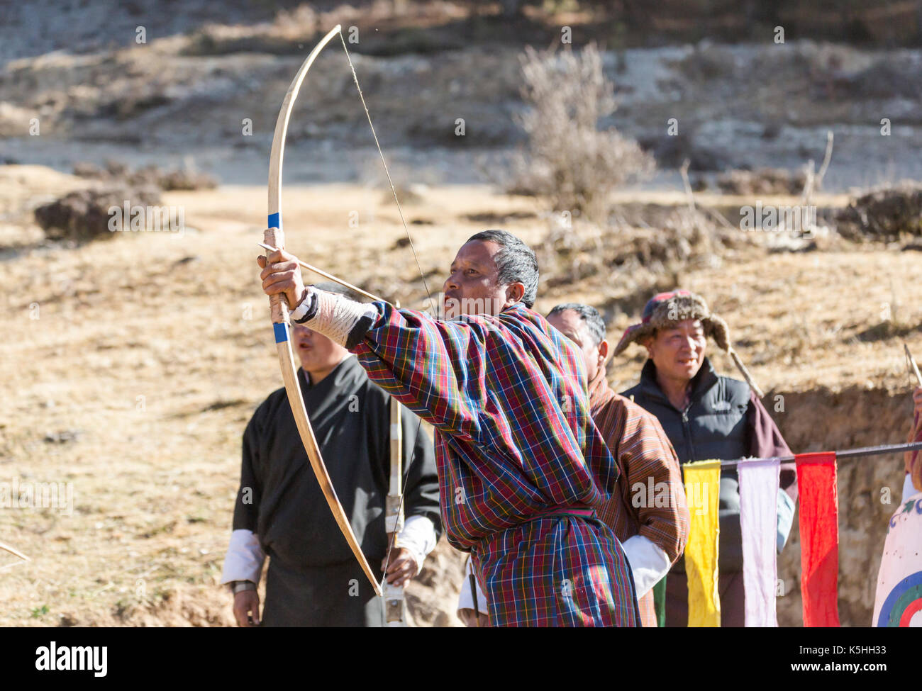 Local archery competition in Phobjikha Valley, Western Bhutan Stock ...