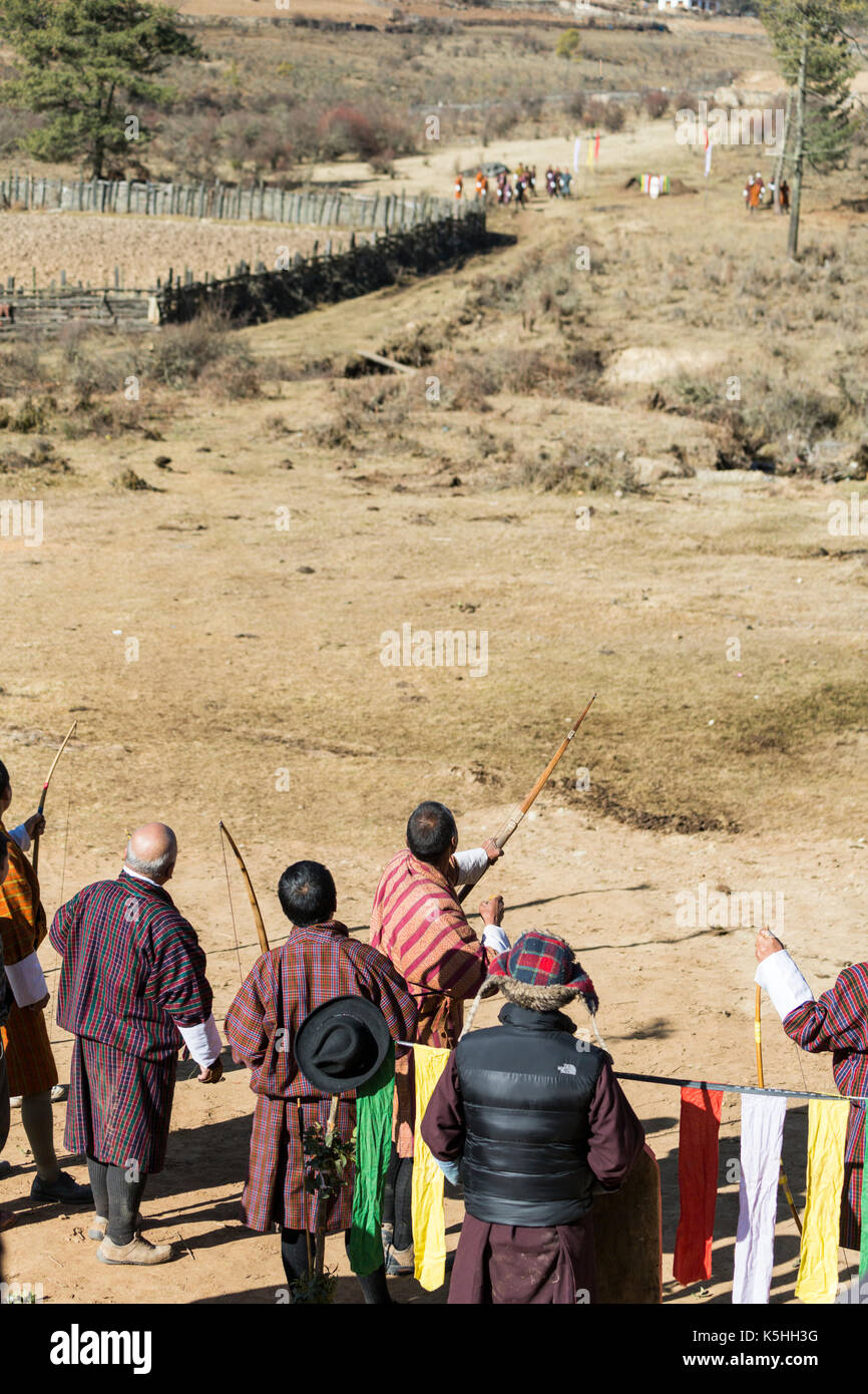 Local archery competition in Phobjikha Valley, Western Bhutan Stock ...