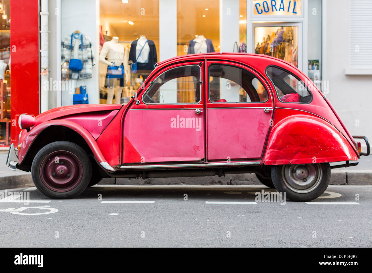 Vintage red Citroen 2CV in the street in Paris in the 7th ...
