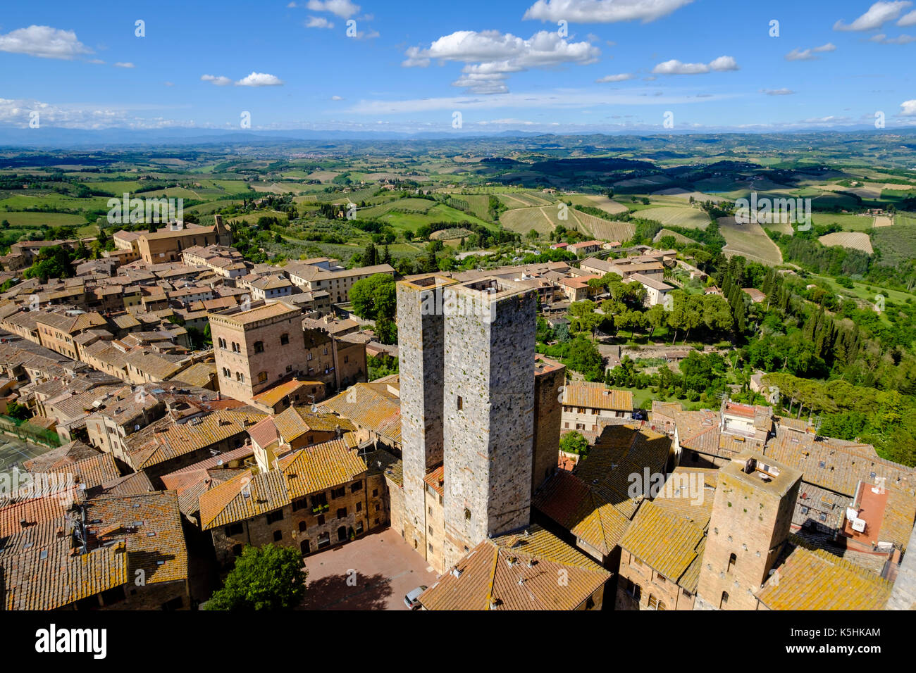 Aerial view on the houses and roads of the medieval town from one of ...