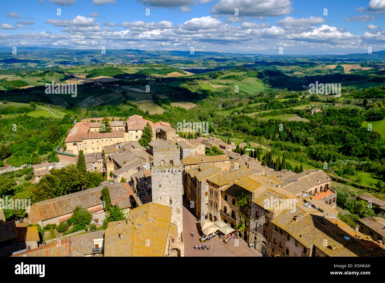 Aerial view on the houses and roads of the medieval town from one of ...