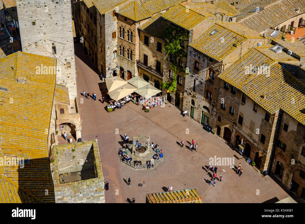 Aerial view on the houses and roads of the medieval town from one of ...