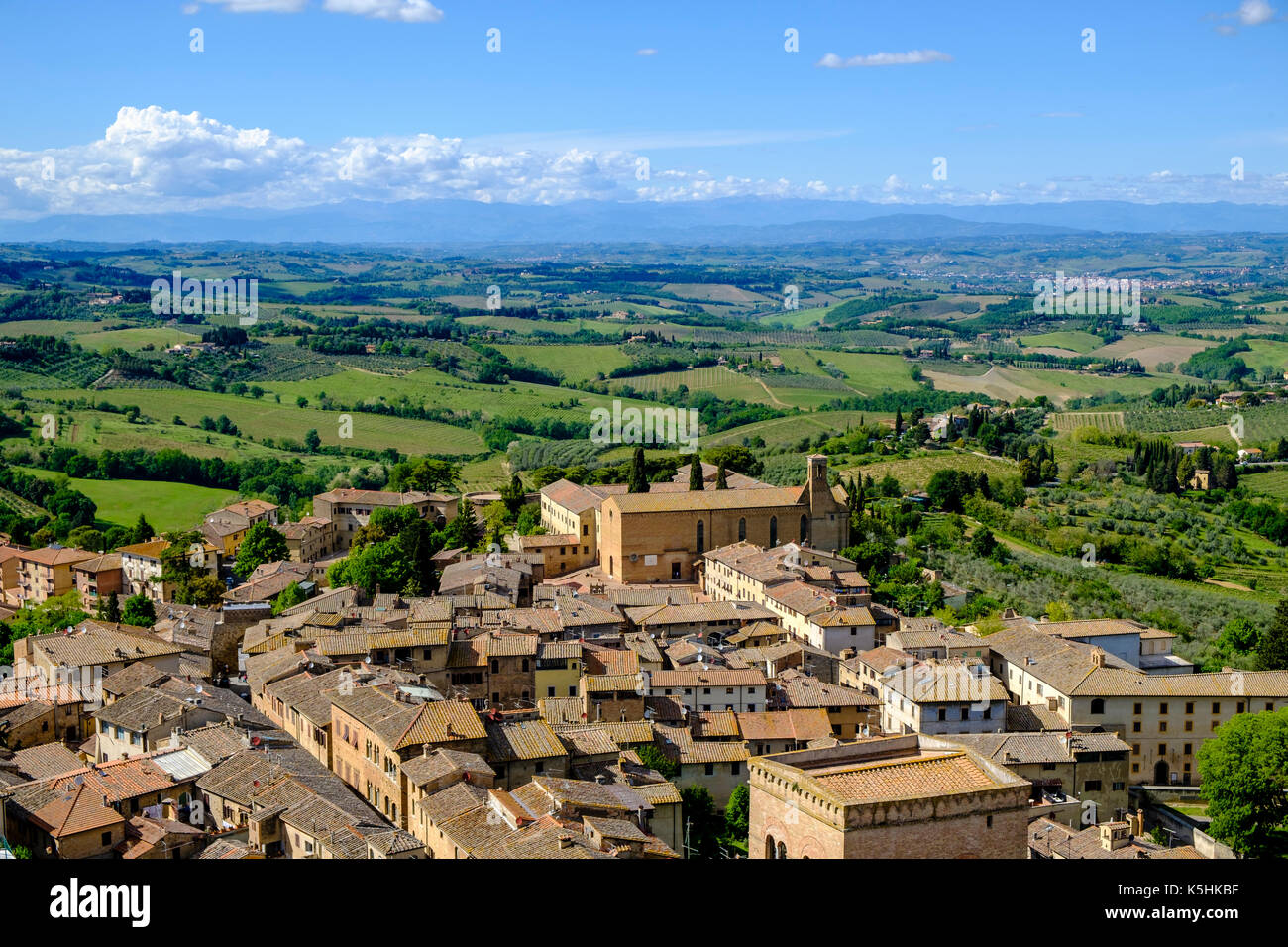 Aerial view on the houses and roads of the medieval town from one of ...